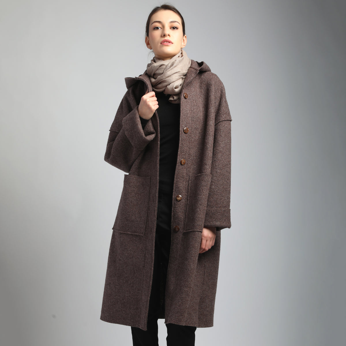 EDEN Midi Boiled Wool Coat with Hood | KNOTIUM