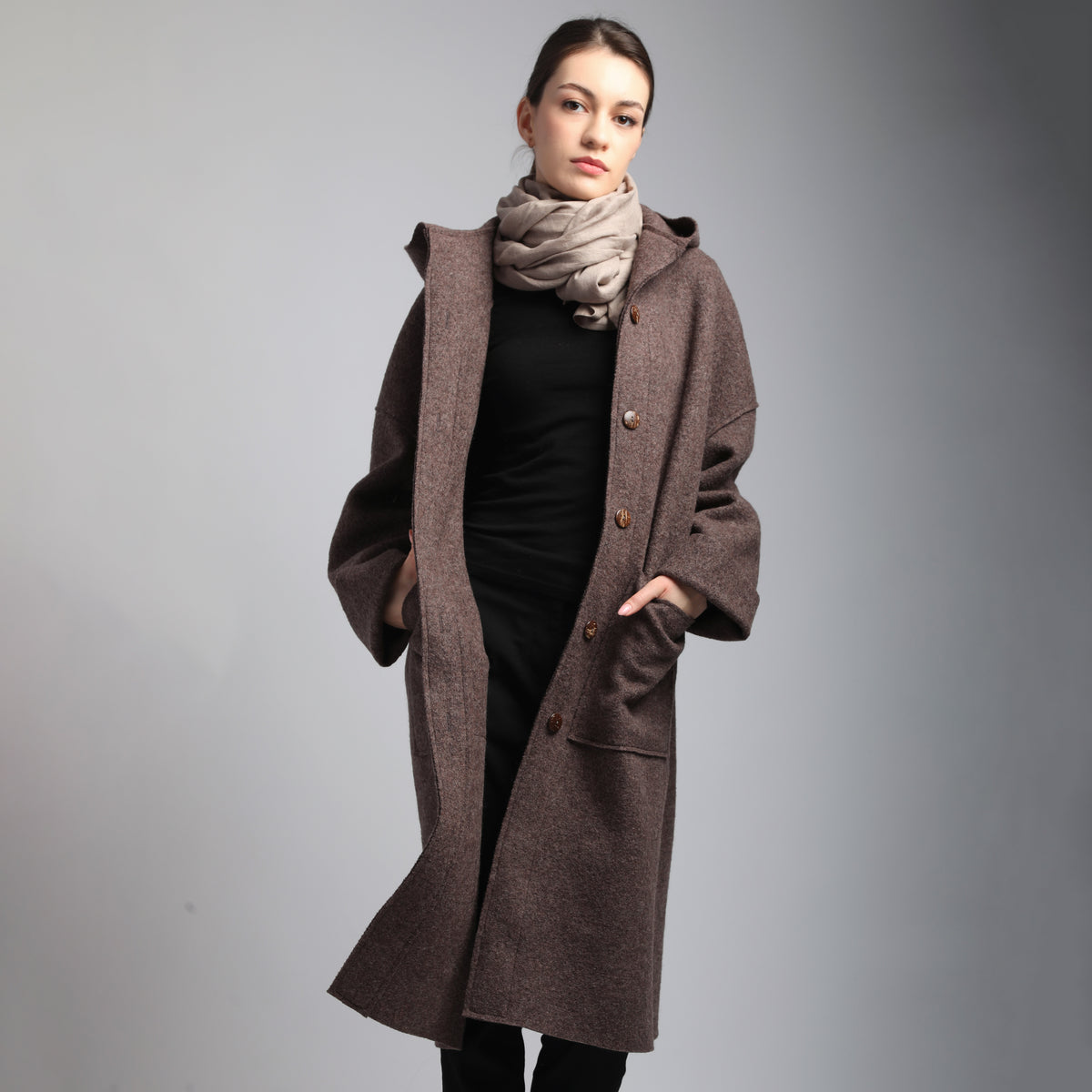 EDEN Midi Boiled Wool Coat with Hood | KNOTIUM